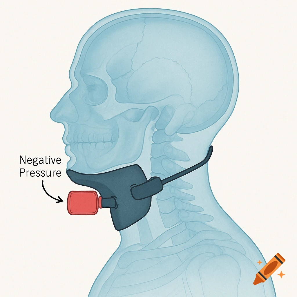 Medical illustration of a transparent human head and neck with a ...