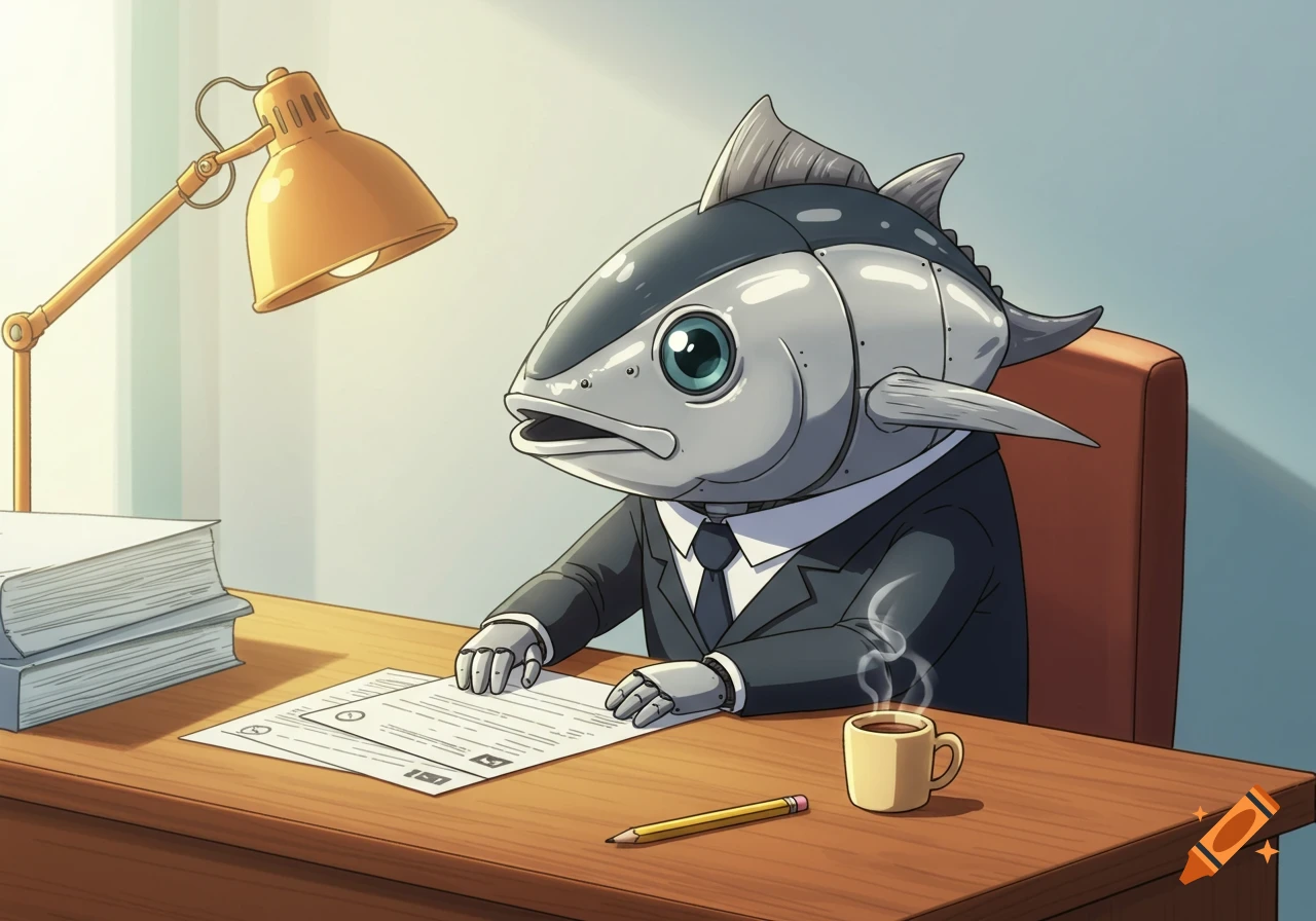 An anime-style robot tuna in a suit sits at a desk with papers, a ...