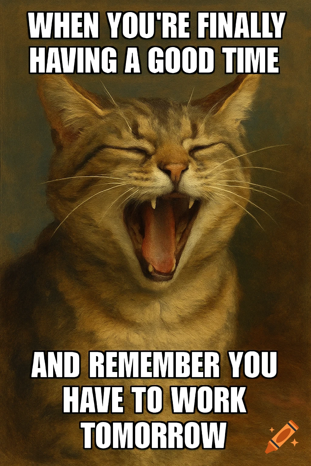 A cat with its mouth wide open in a scream or yawn. Text reads 'WHEN ...