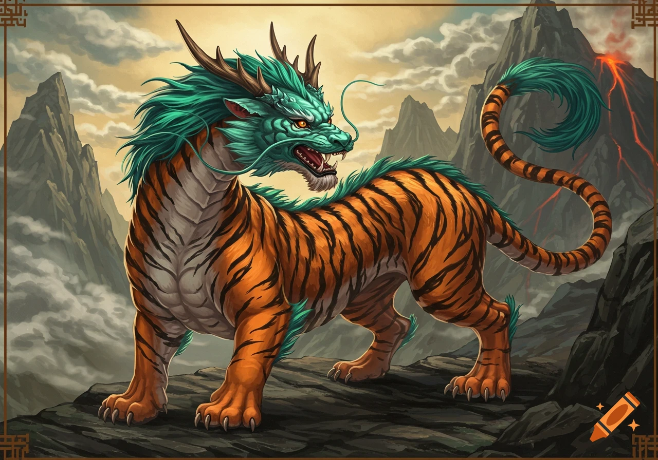 A vibrant illustration of a mythical creature, a tiger-bodied dragon ...