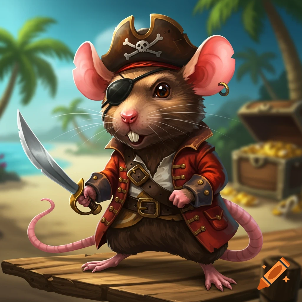 A cute cartoon rat dressed as a pirate, wearing a red coat and eye ...