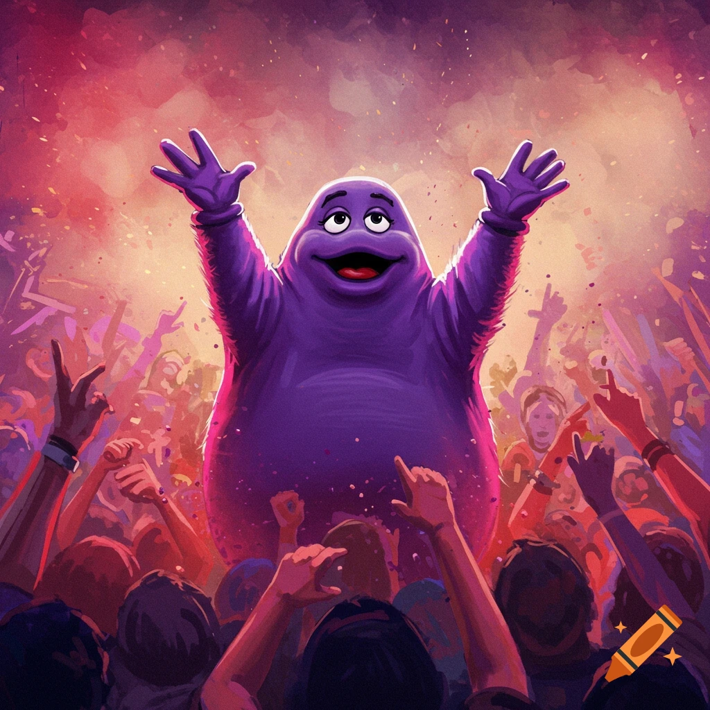 Grimace, a large purple character, stands with arms raised in a vibrant ...