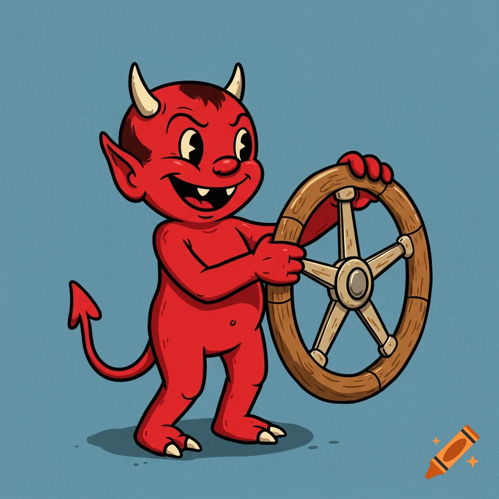 A smiling red devil in rubber hose cartoon style holds a wooden ...