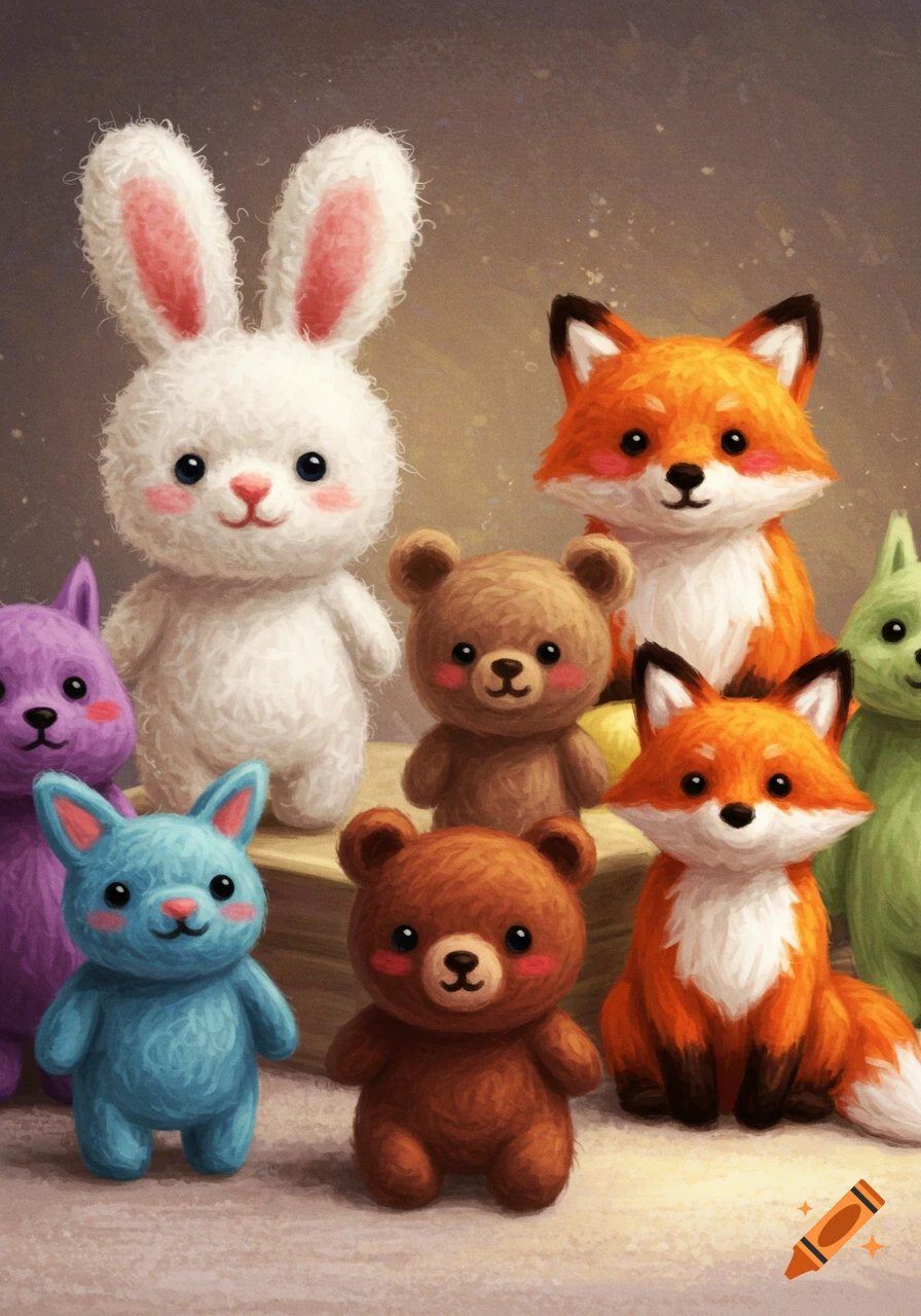 A group of cute, soft, needle-felted plush animal toys including a ...