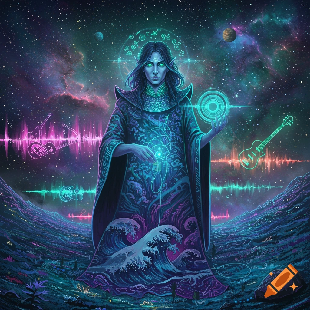 Ethereal wave wizard in a cosmic landscape, surrounded by glowing sound ...