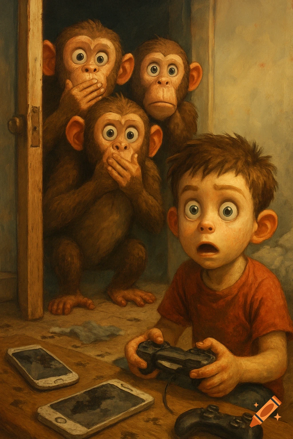 An expressive illustration of a wide-eyed boy playing video games while ...