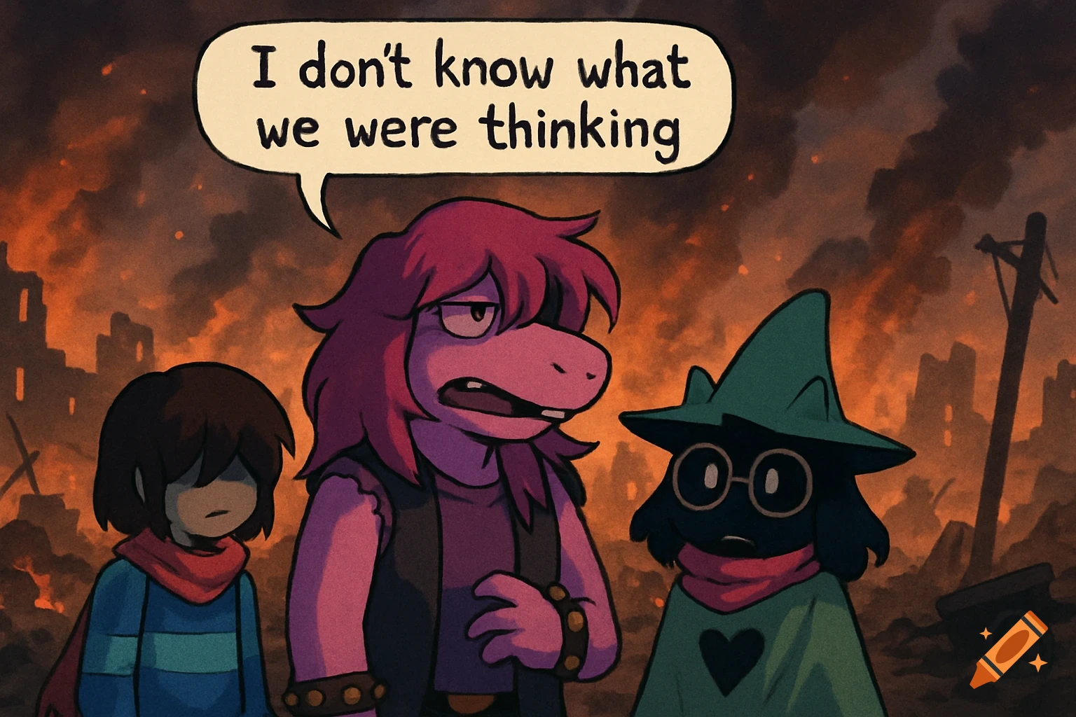 Kris, Susie, and Ralsei from Deltarune stand in front of a burning city ...