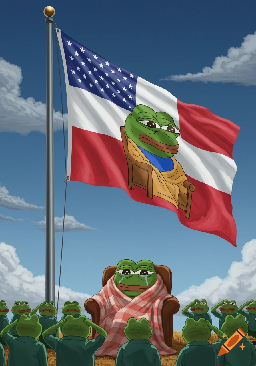 A sad Pepe the frog sits in a chair under a large flag, while other ...
