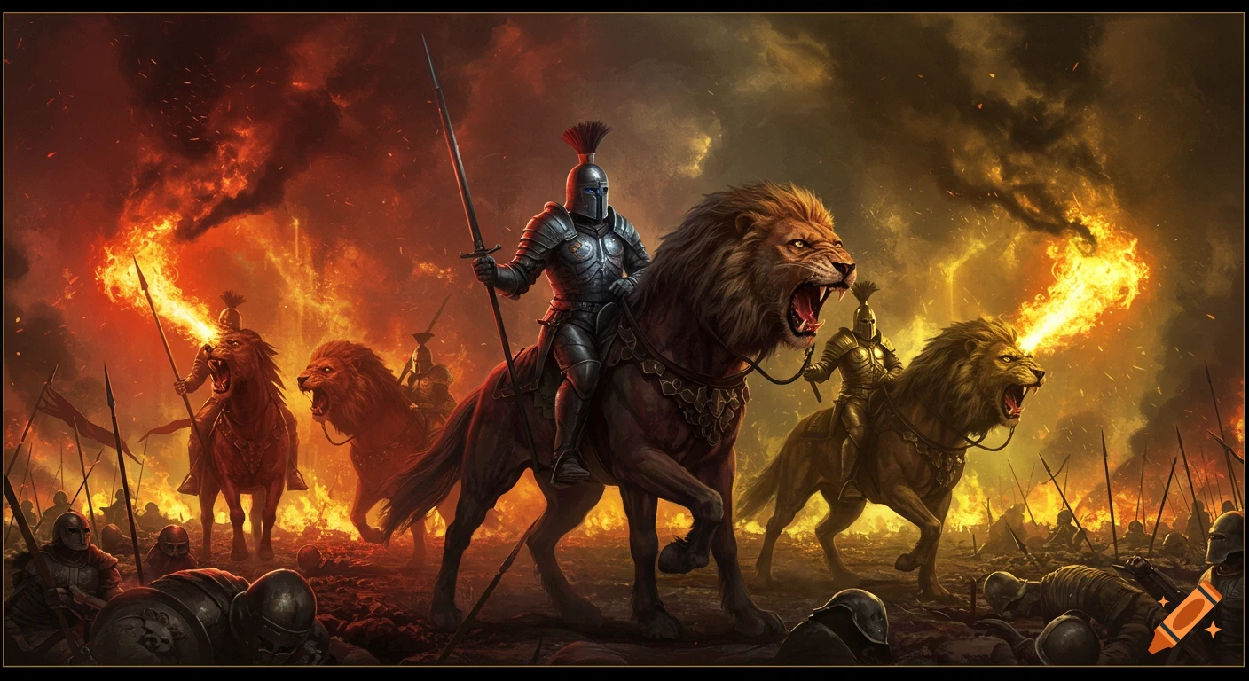 Armored knights ride roaring, fire-breathing lion-horses across an ...