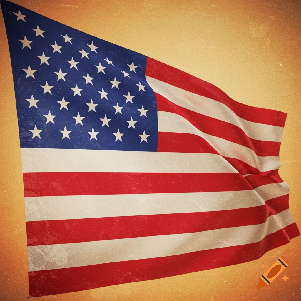 A waving, distressed American flag with an old-fashioned texture ...