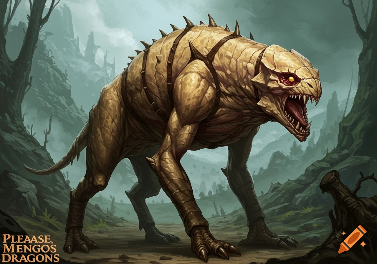 A large, spiky, reptilian monster with glowing red eyes and prominent ...