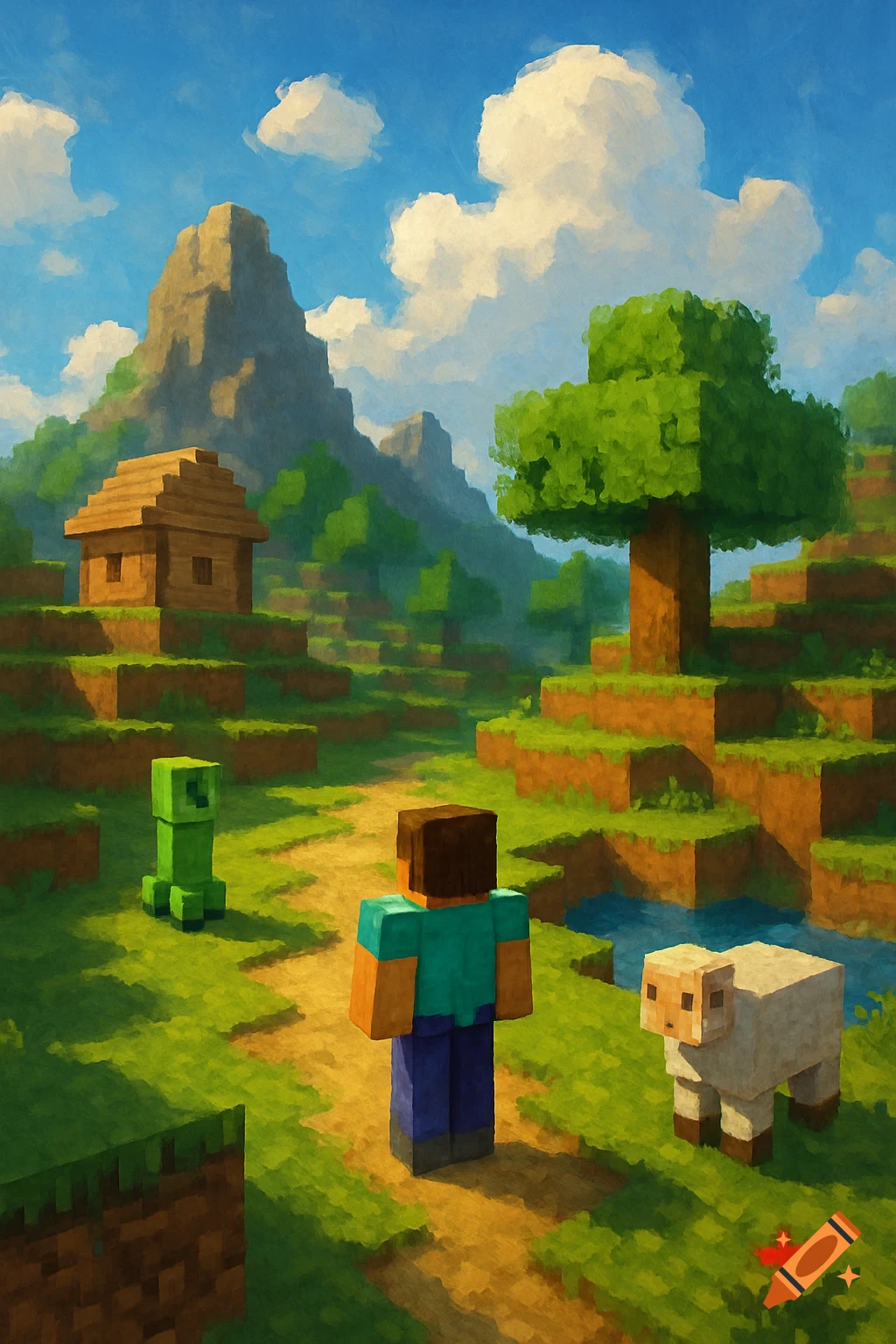 A painterly Minecraft scene with a character, a Creeper, and a sheep on ...