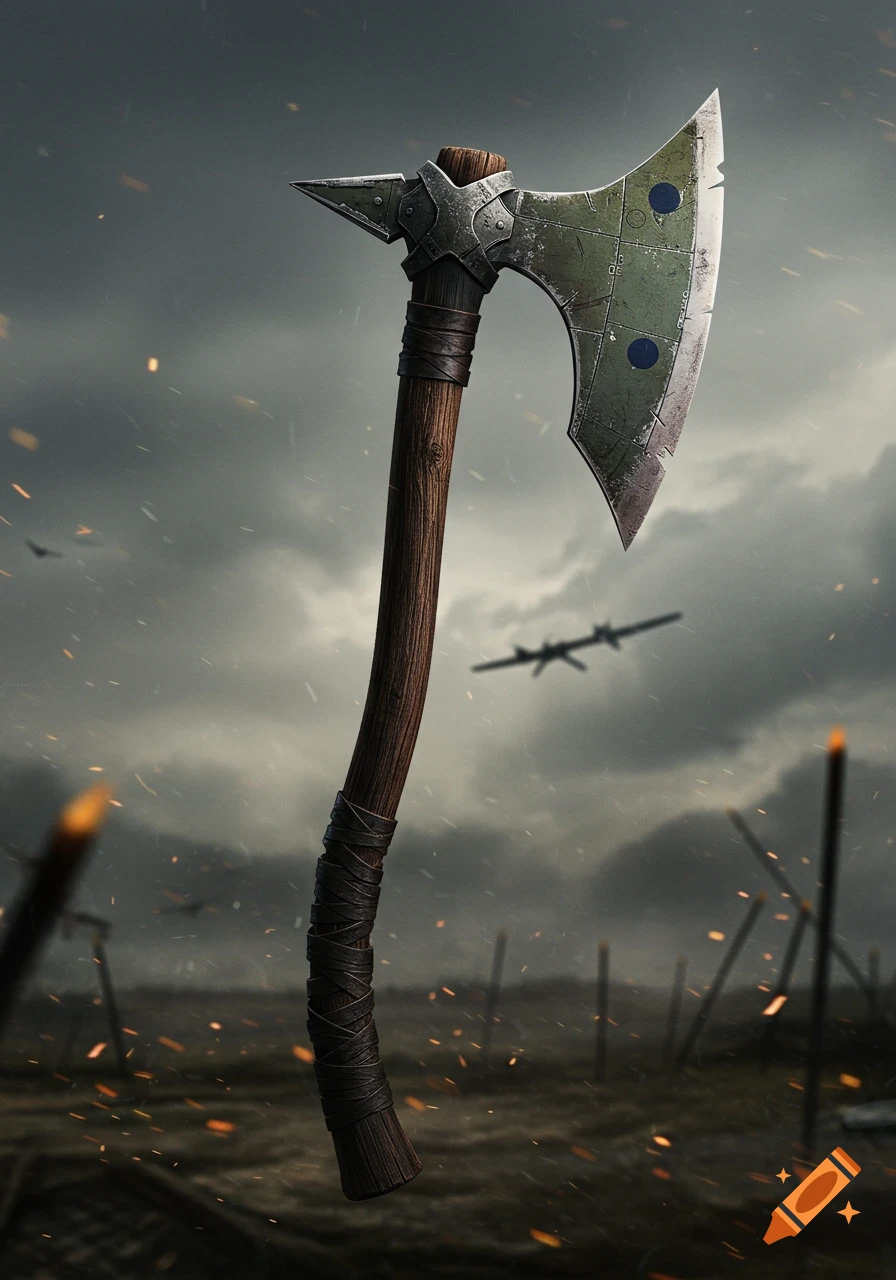 A battle axe with a WWII airplane wing for a head in a stormy ...