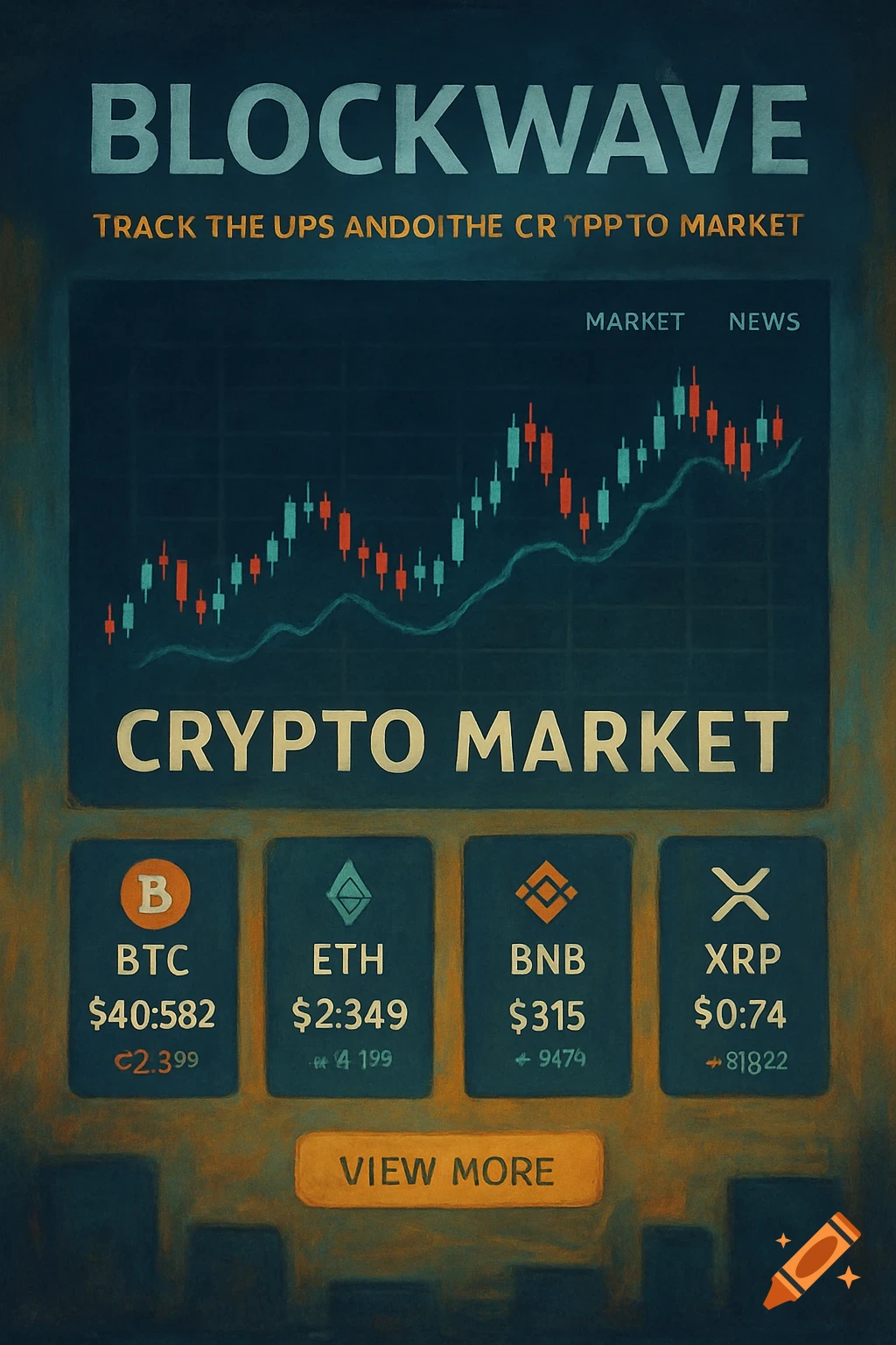 A digital display for a crypto market tracker named "BLOCKWAVE," showing a candlestick chart and ...