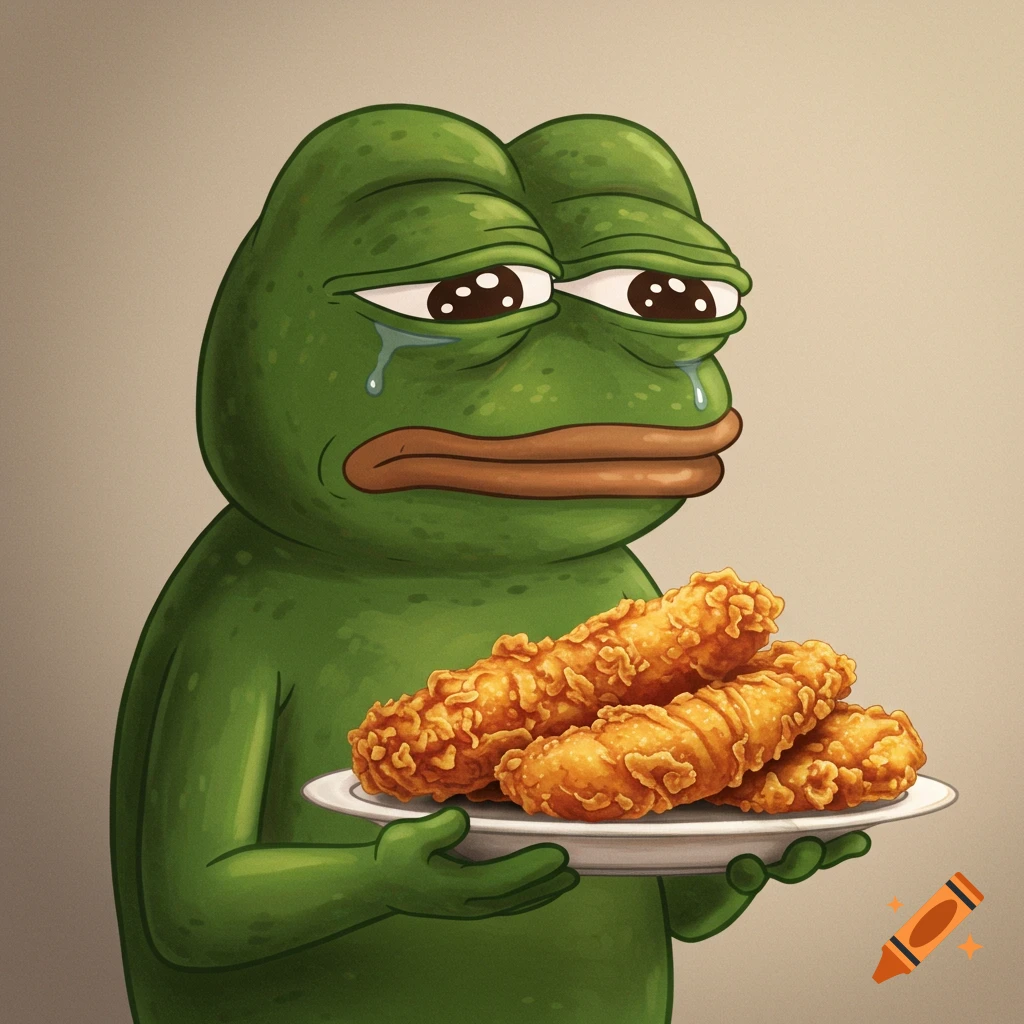 A sad, crying green frog cartoon character, Pepe, holds a plate of ...