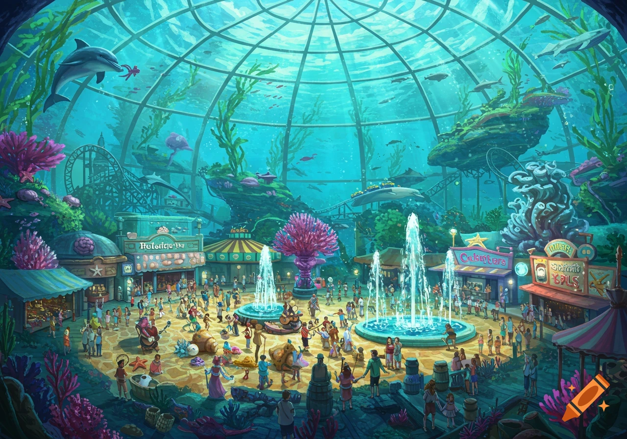 A vibrant, whimsical underwater theme park with a large glass dome ...