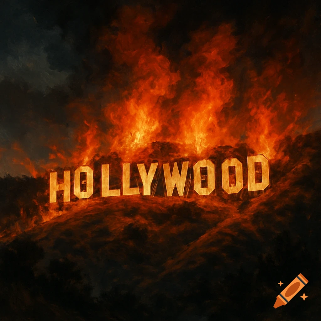 The Hollywood sign engulfed in raging flames against a dark, smoky sky ...