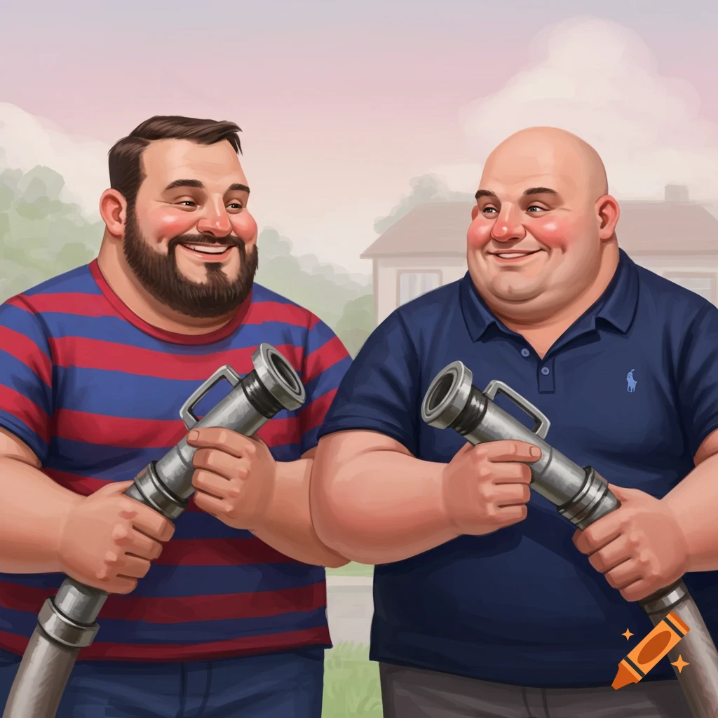 Two smiling, heavy-set men holding fire hoses, looking at each other in ...