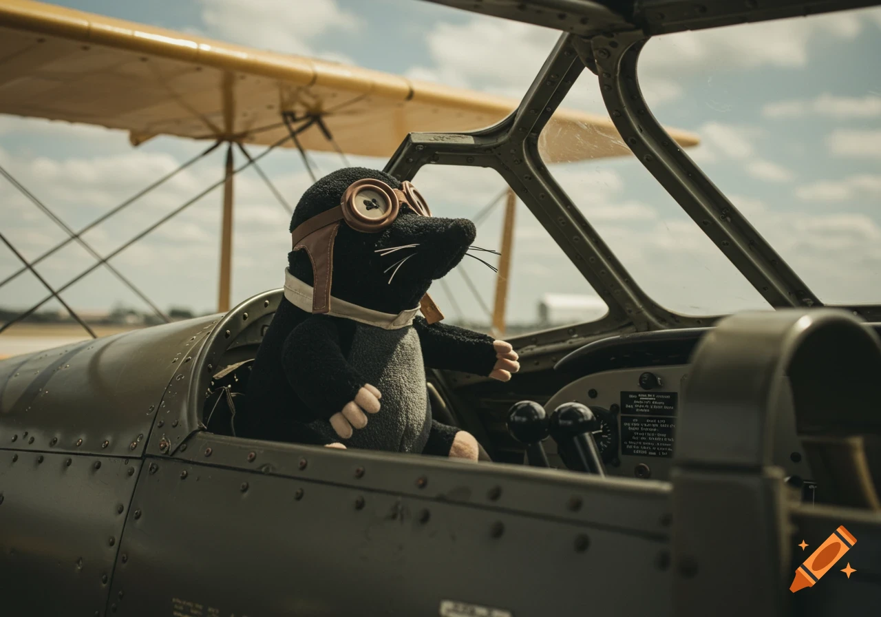A black mole puppet wearing aviator goggles and a helmet sits in the ...