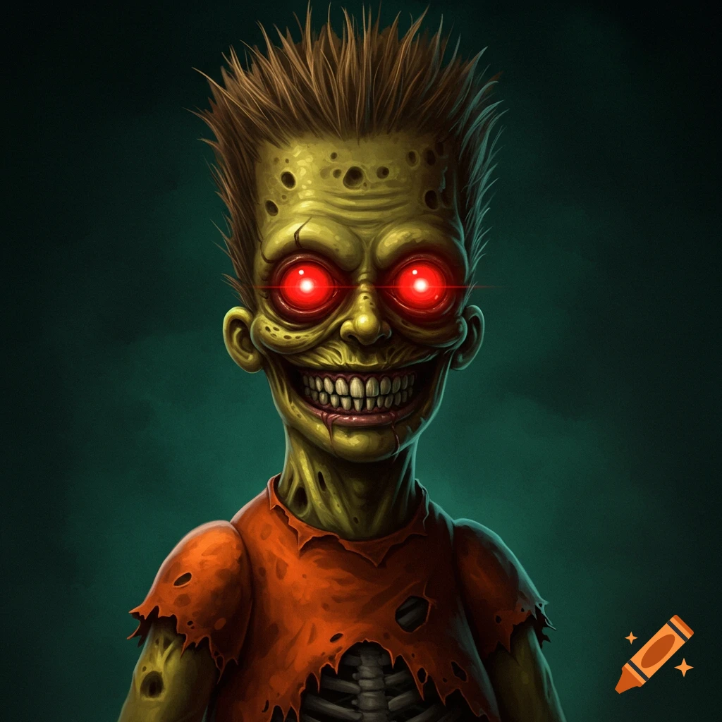 A close-up of a grotesque, zombie-like character resembling Bart ...