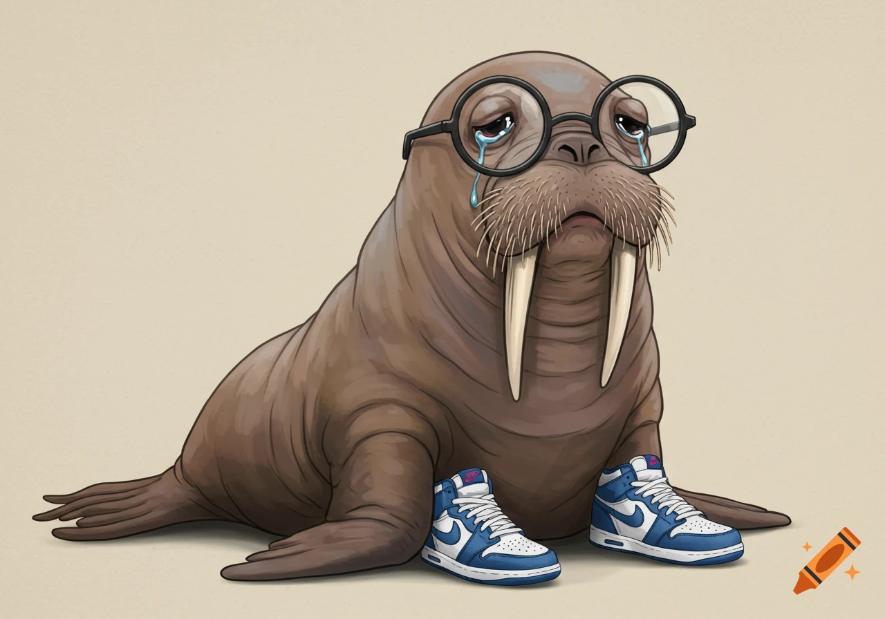 An illustration of a walrus wearing round glasses and blue and white ...