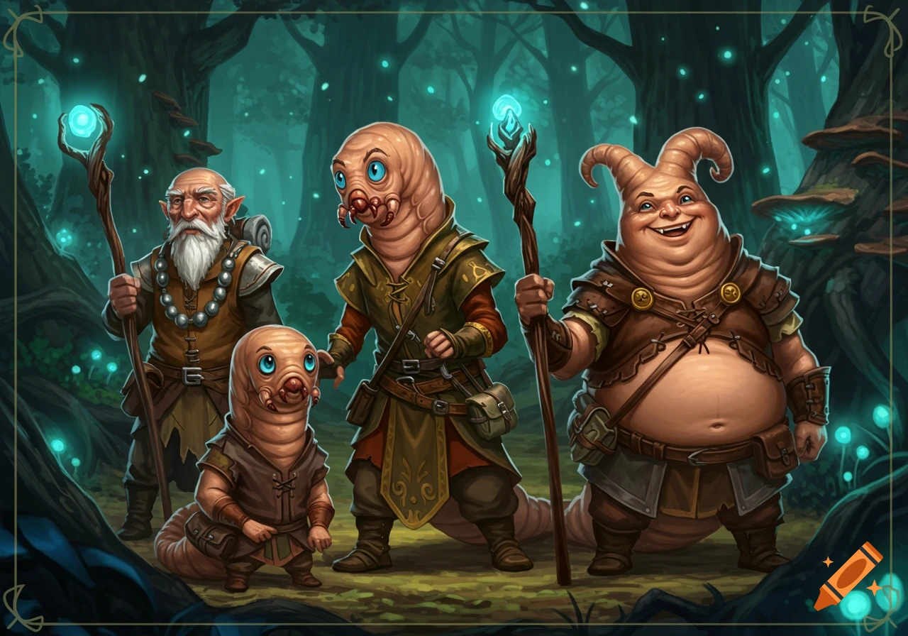 An old wizard and three worm-like fantasy creatures with staffs stand ...