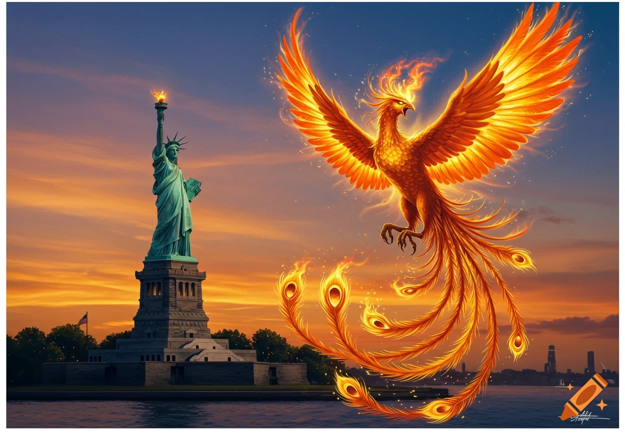 A vibrant orange phoenix with fiery wings flies gracefully over water ...