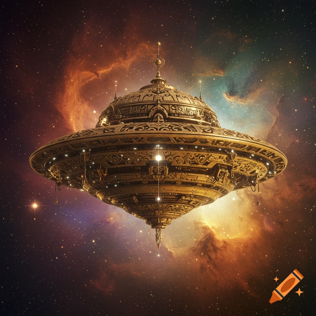 An intricately detailed, golden, ornate UFO floats amidst a star-filled nebula in deep space. on ...