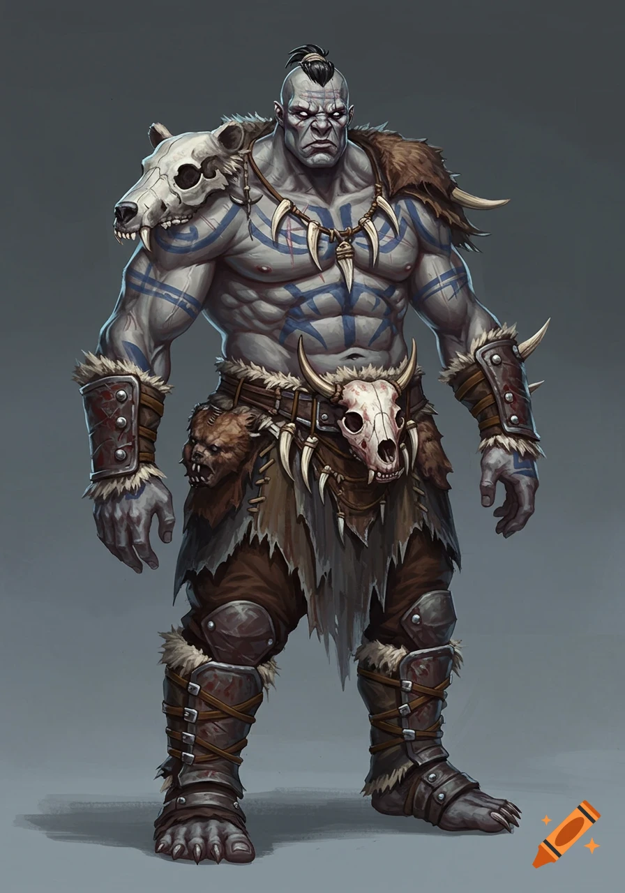 An imposing Goliath warrior with stone-gray skin, blue tribal tattoos ...