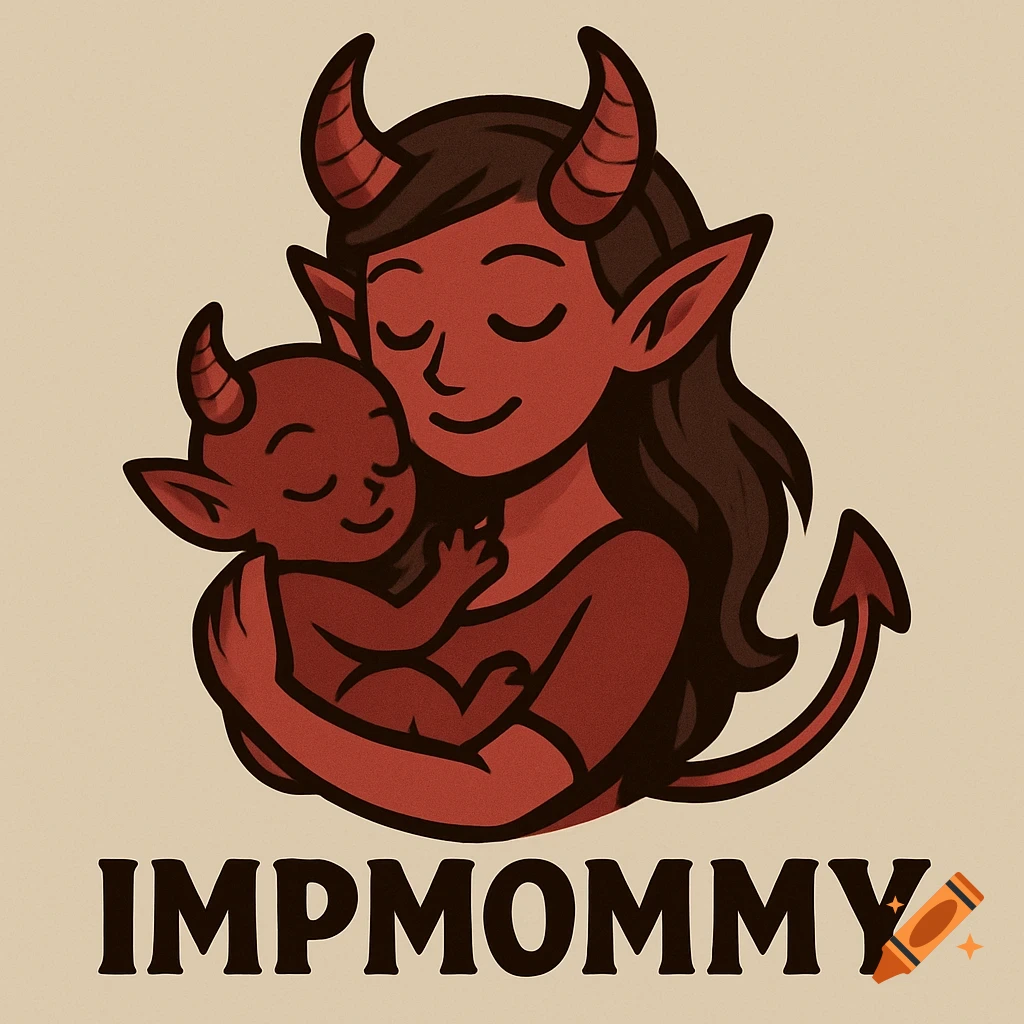 A cartoon illustration of a red devil mother holding a red devil baby, with the text IMPMOMMY ...