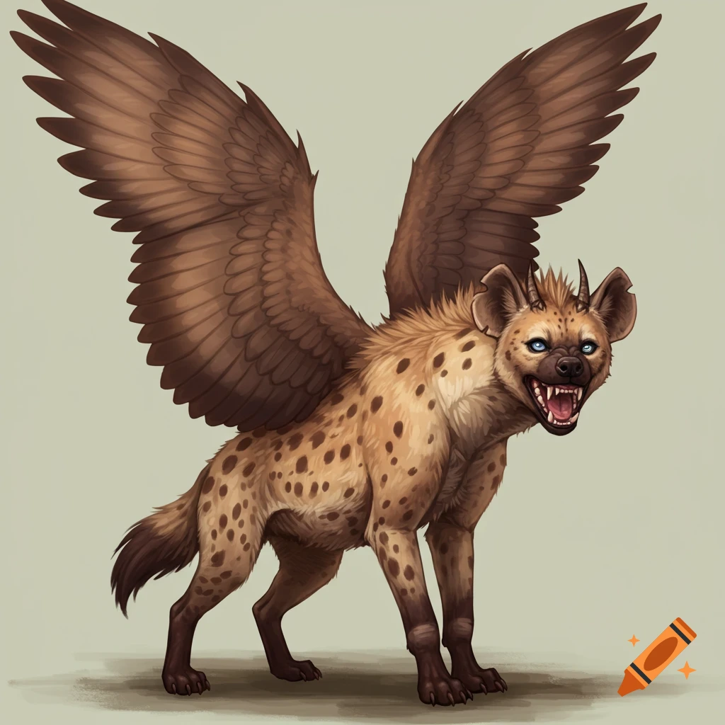 A fierce-looking winged hyena with a tawny spotted coat, sharp teeth ...