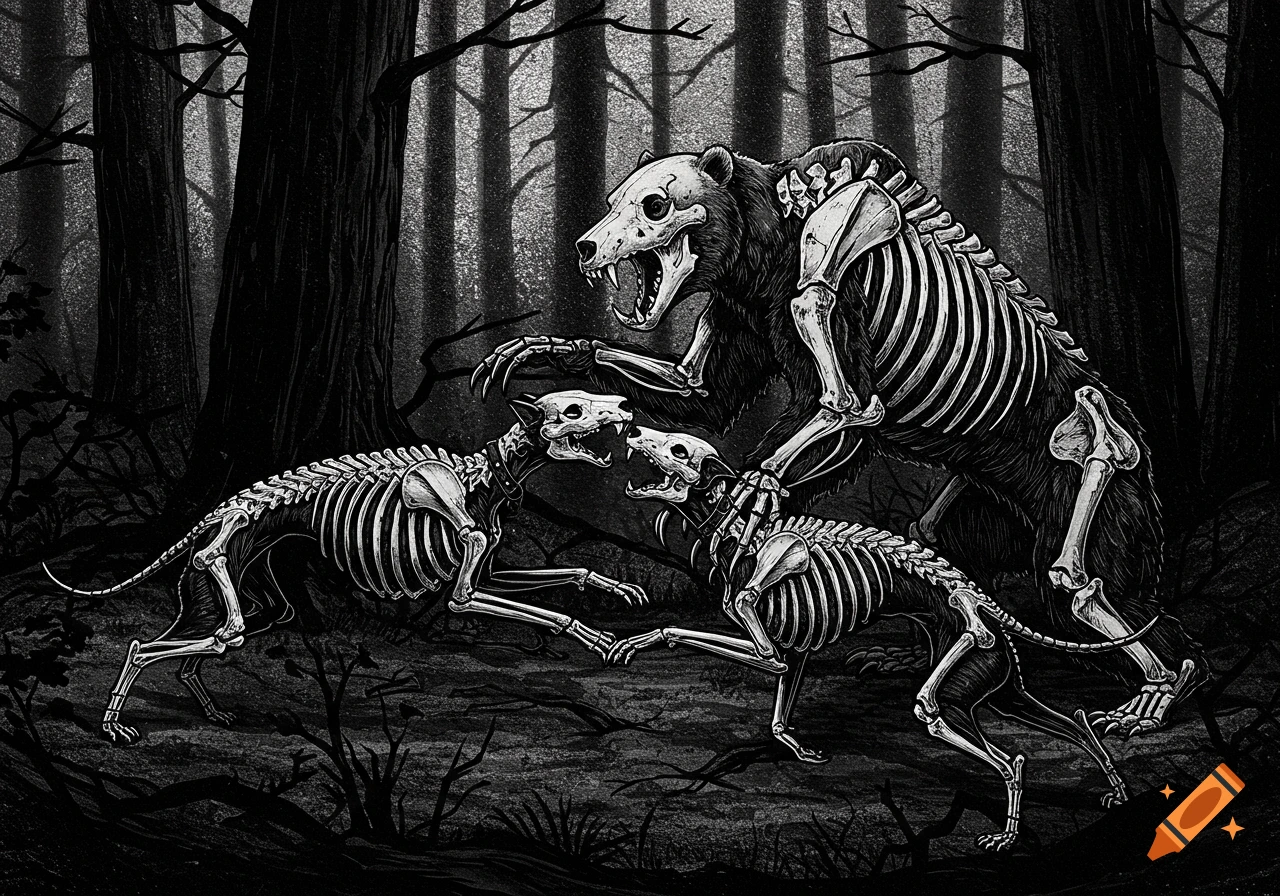 Black and white illustration of skeleton dogs fighting a skeleton bear ...