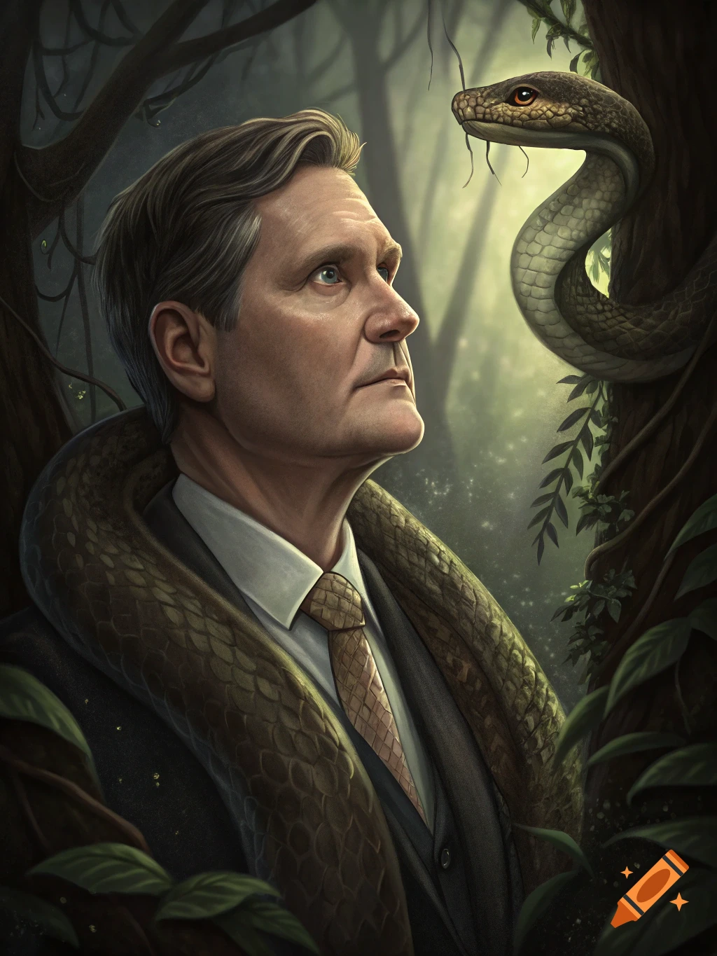 A man in a suit looks up at a large snake wrapped around him and a tree ...