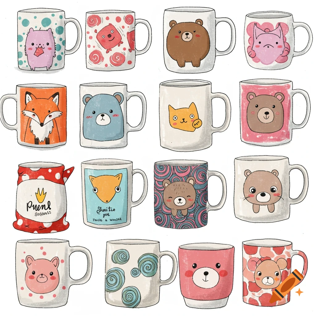 Collection of cartoon mugs featuring various cute animal designs like ...