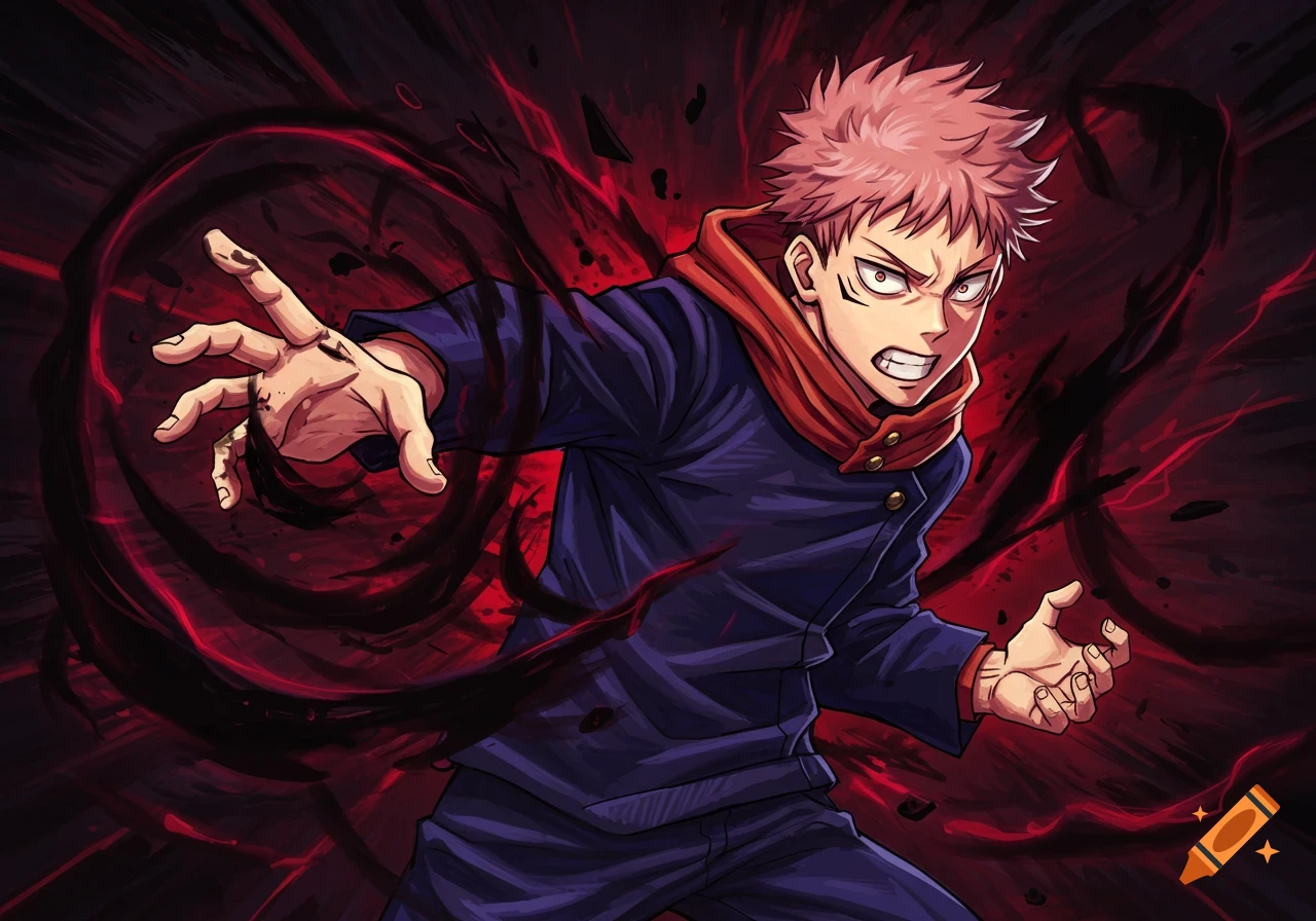 Yuji Itadori from Jujutsu Kaisen in anime style, with red and black ...