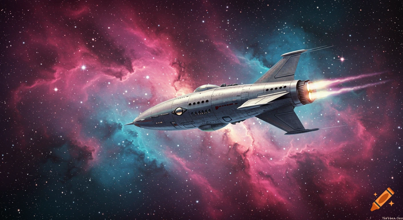 A sleek silver retro-futuristic spaceship with exaggerated tail fins ...