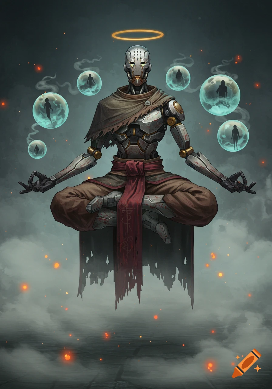 A sci-fi monk robot with a halo floats in a lotus pose, surrounded by ...