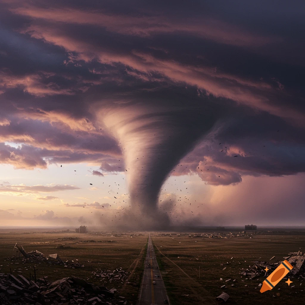 Photorealistic image of a massive tornado ripping through a desolate ...