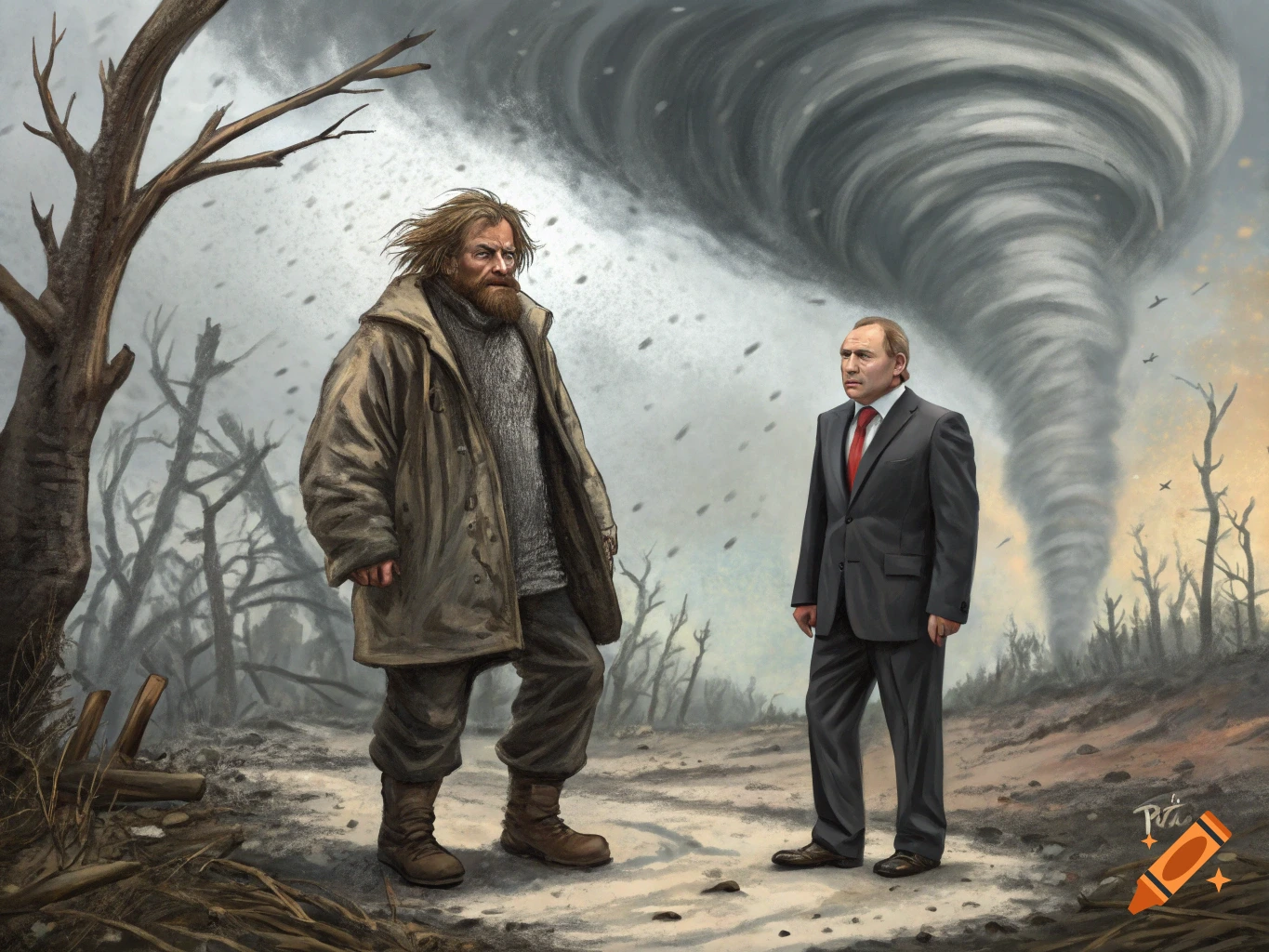 Two men, one resembling Putin, the other a tramp, stand in a desolate ...