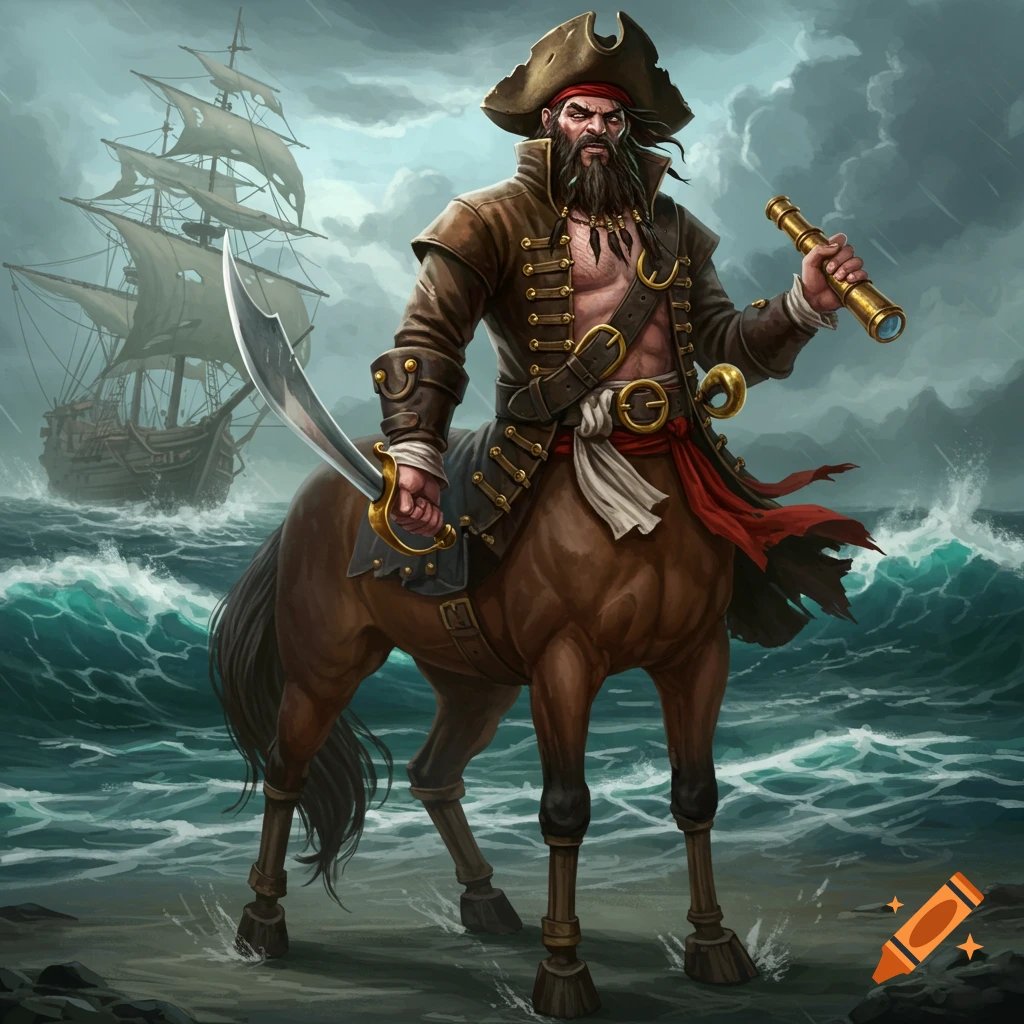 A muscular centaur pirate with a beard and eye patch stands on a stormy ...