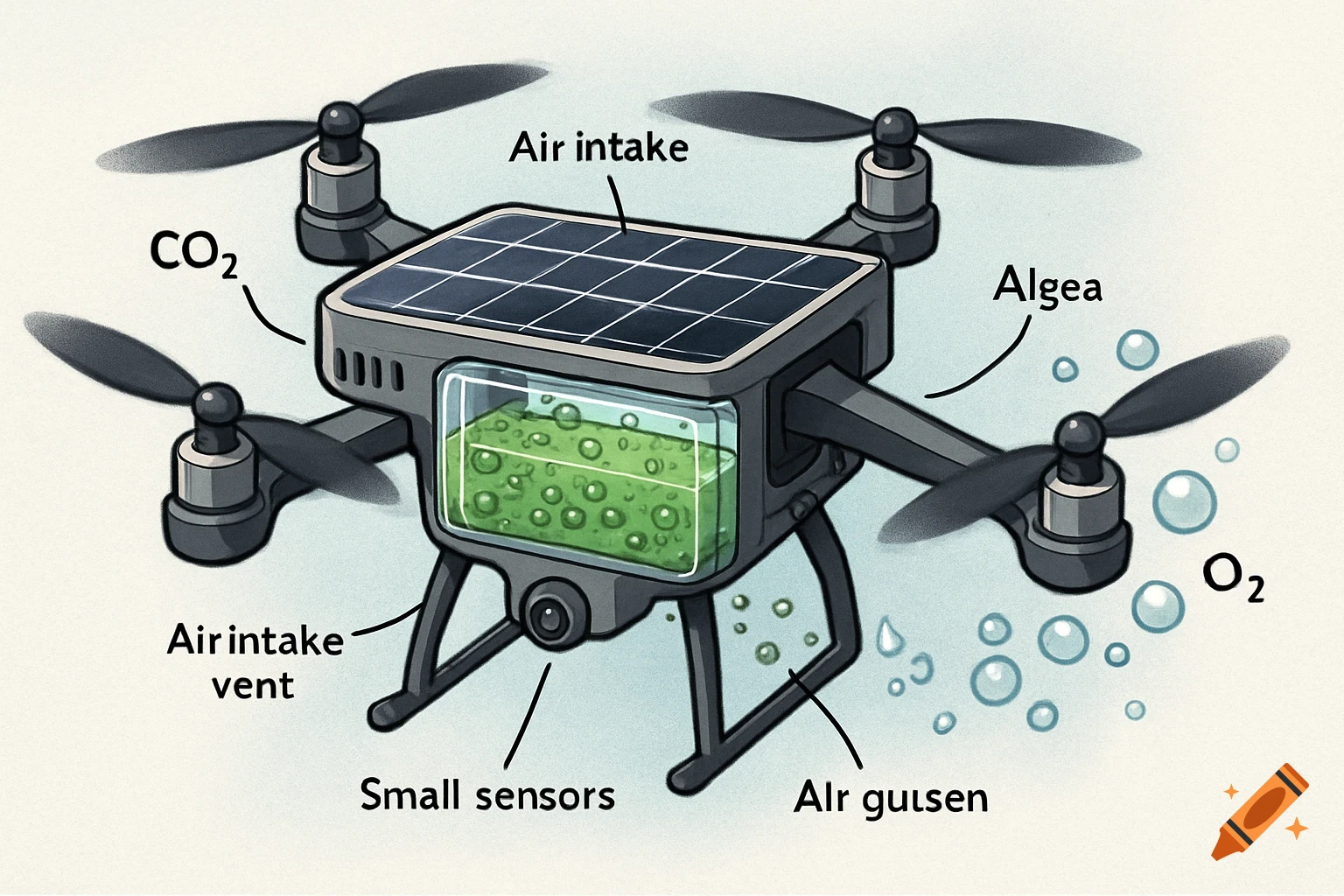 An illustration of a drone with solar panels and an algae chamber ...