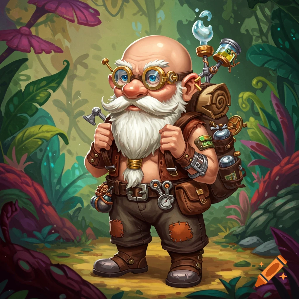 A whimsical illustration of a bald adventuring gnome with a long white ...