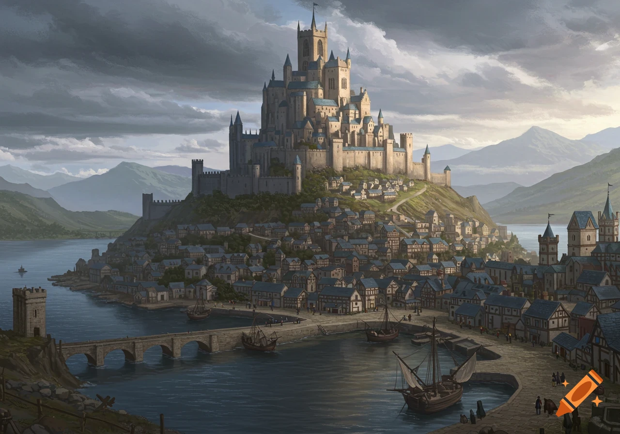 A large medieval castle sits on a hill overlooking a sprawling town ...