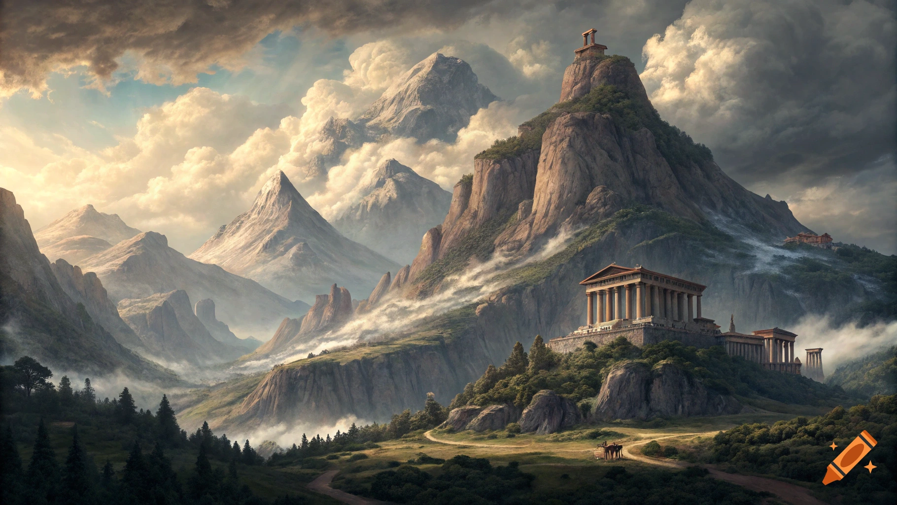 A dramatic, painterly landscape featuring ancient Greek temples nestled ...