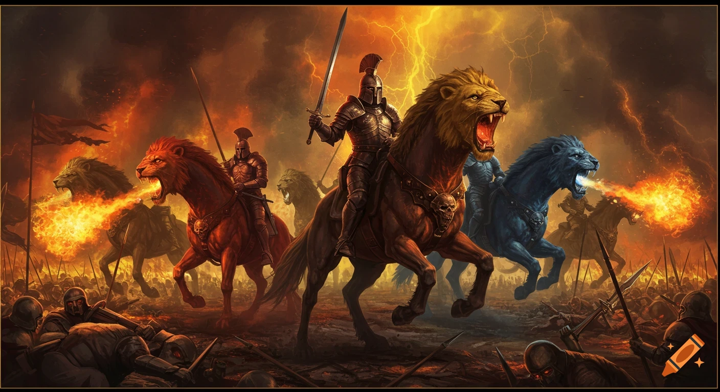 Armored knights ride fire-breathing lion-headed warhorses on an ...
