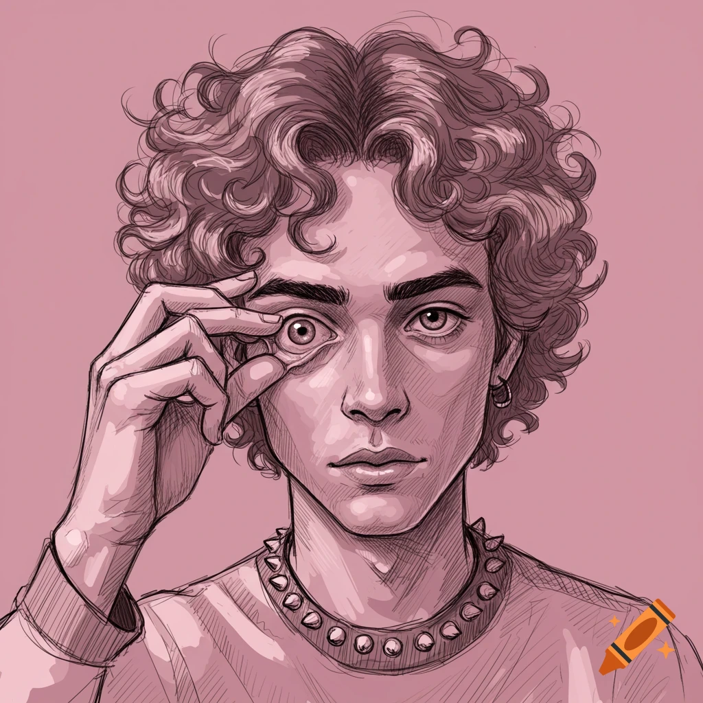 Sketch of a male figure with curly hair, pulling down his eyelid with a ...