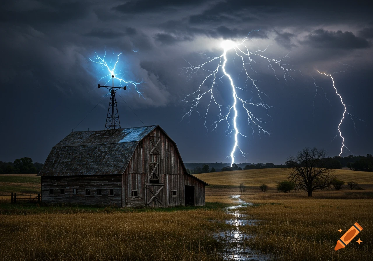 A photorealistic image of a barn and windmill under a stormy sky with ...