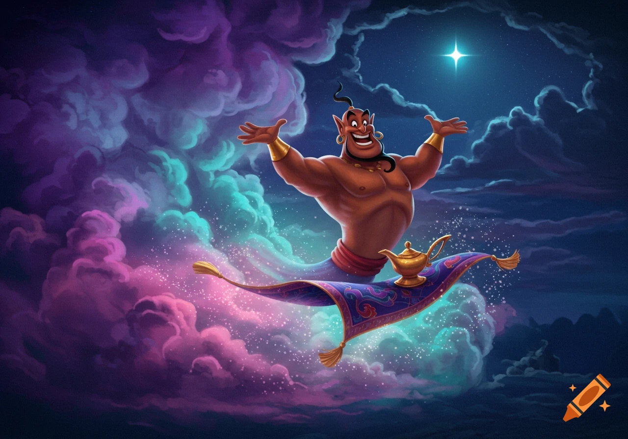 Cartoon genie on a magic carpet rising from vibrant pink and blue smoke ...