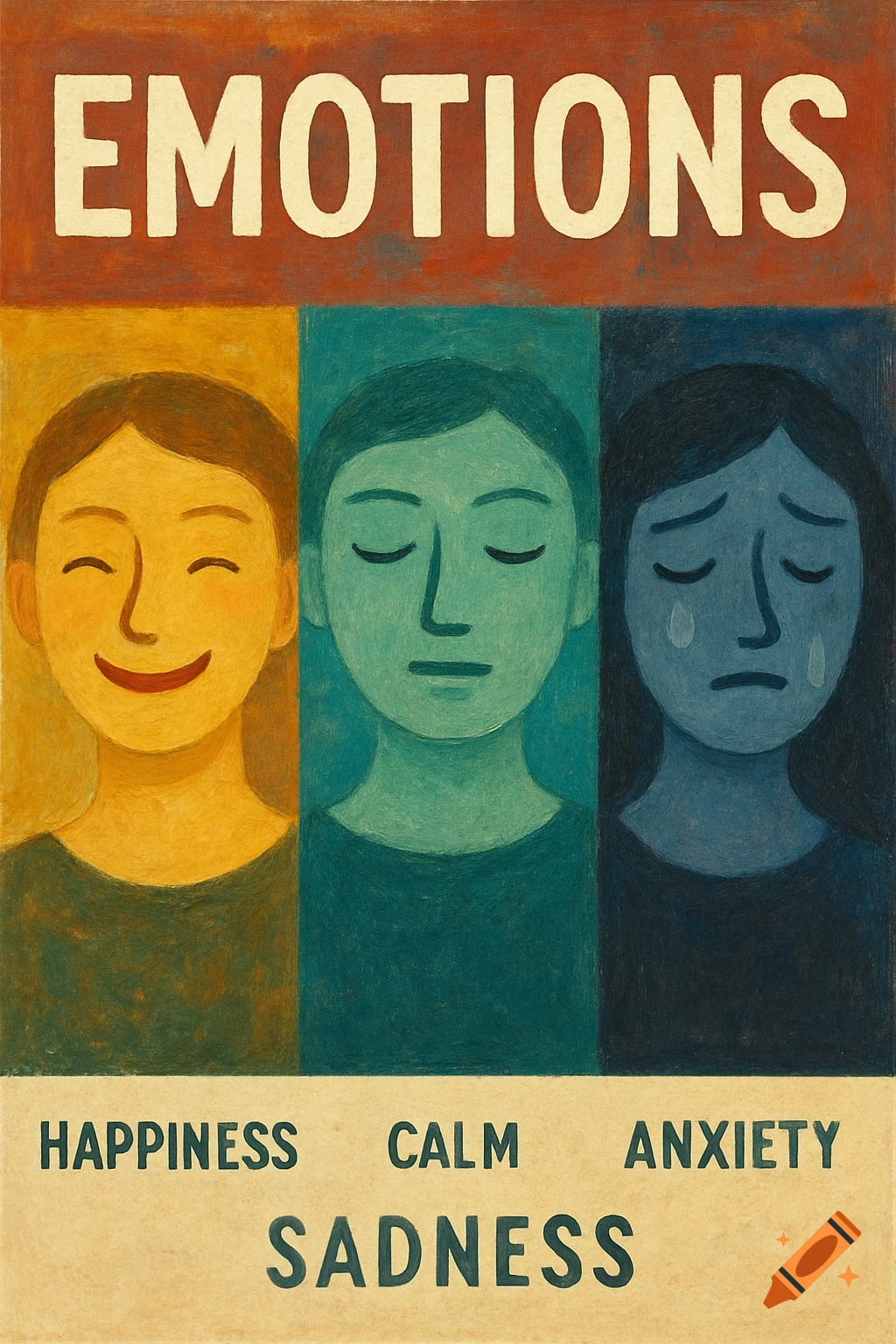 A poster with three stylized faces depicting happiness, calm, and ...