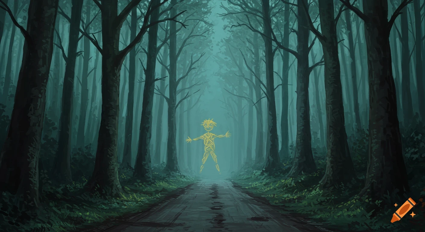 A dark, misty forest path leads to a glowing yellow, stick-figure-like ...